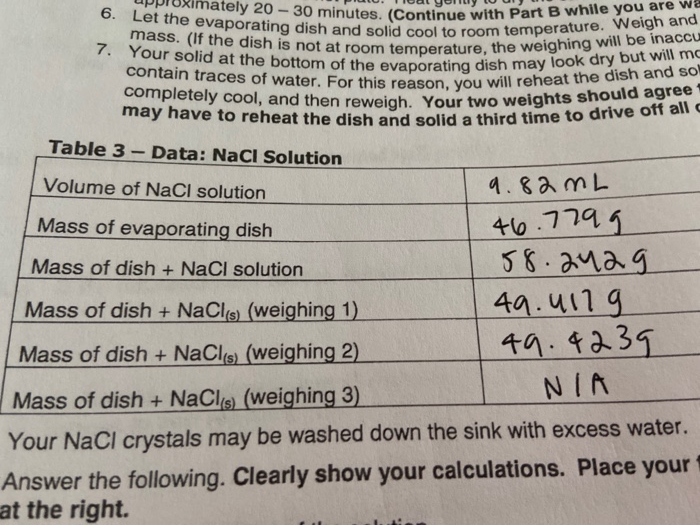 Solved Name 13. Calculate the molarity of the saturated NaCl | Chegg.com