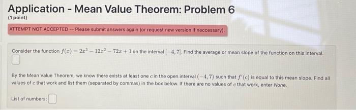 Application - Mean Value Theorem: Problem 6 (1 point) | Chegg.com