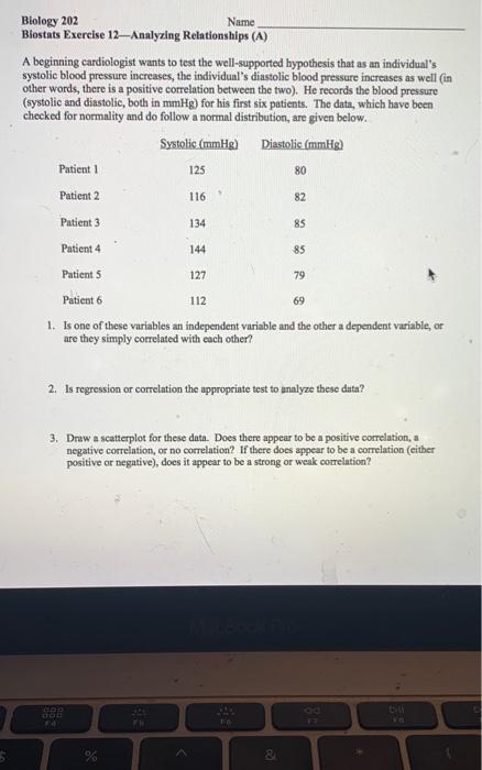 Solved Biology 202 Name Biostats Exercise 12-Analyzing | Chegg.com