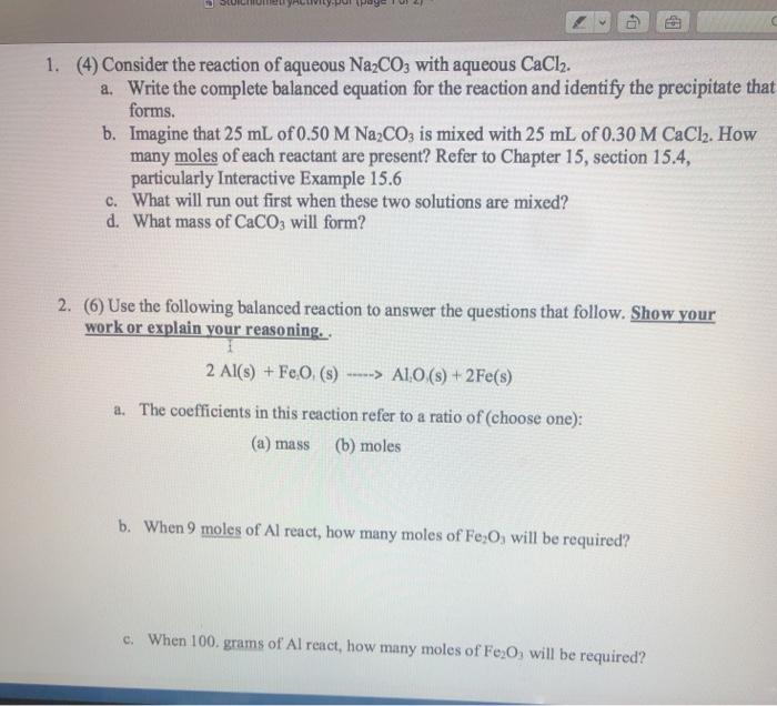 Solved 1. (4) Consider the reaction of aqueous Na2CO3 with | Chegg.com