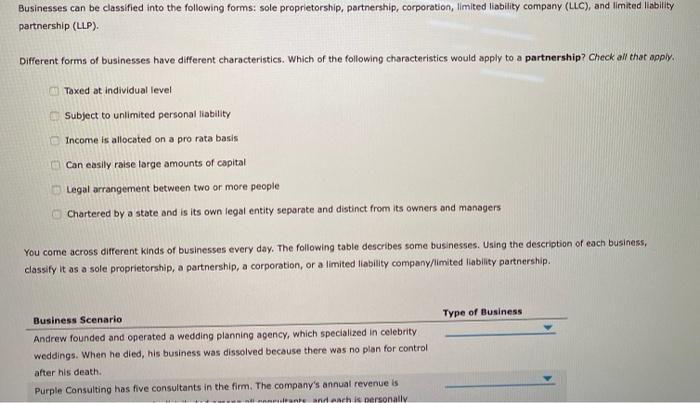 Solved Businesses can be classified into the following | Chegg.com