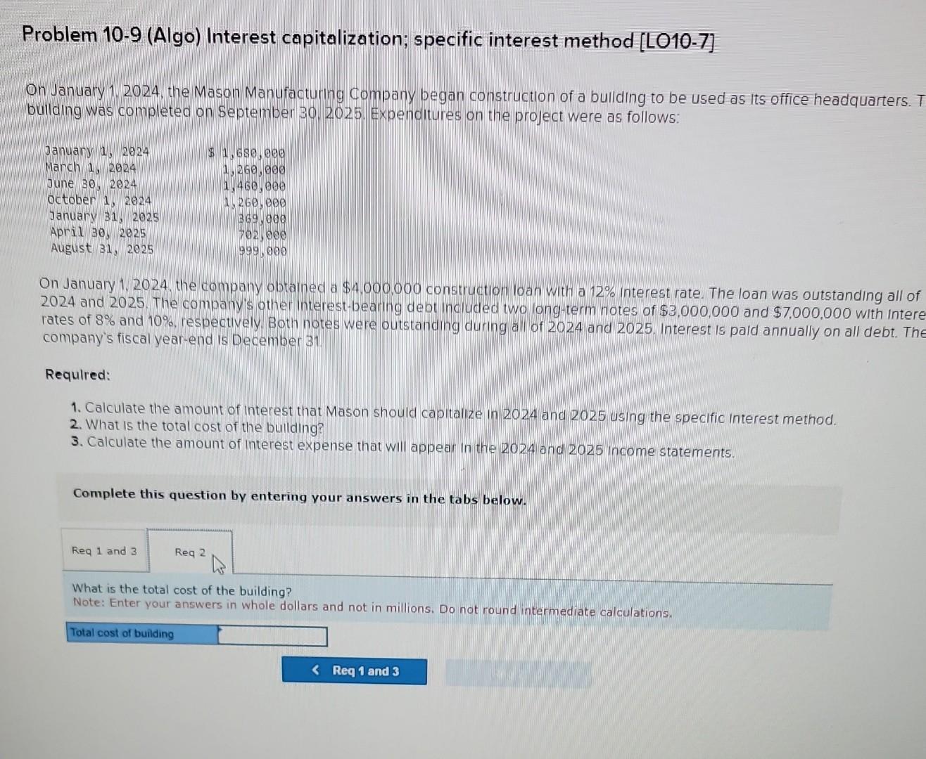 Solved Problem 10-9 (Algo) Interest capitalization; specific | Chegg.com