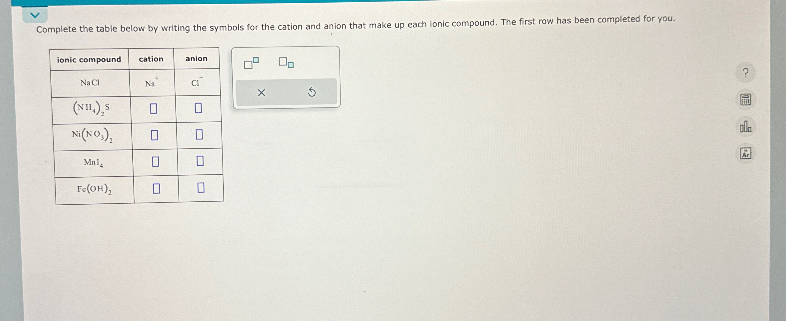 Solved Complete the table below by writing the symbols for | Chegg.com