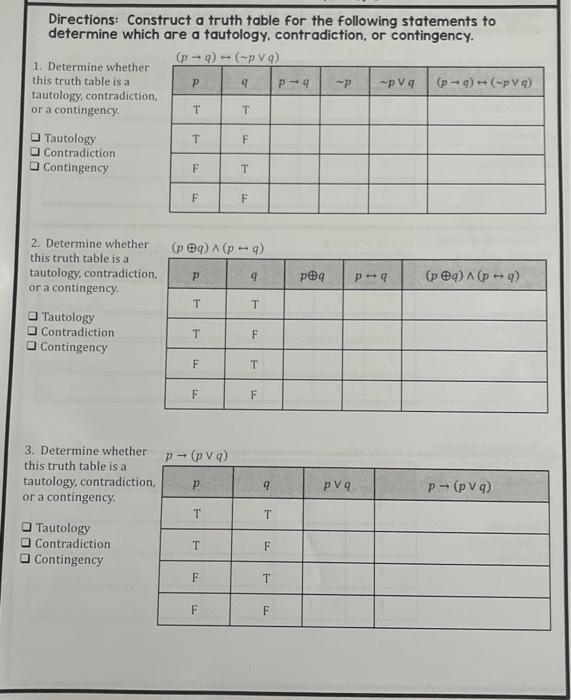 Solved Directions: Construct a truth table for the following | Chegg.com