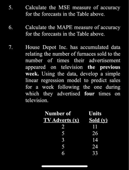 Solved 5. Calculate the MSE measure of accuracy for the | Chegg.com