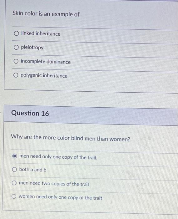 Solved Skin color is an example of linked inheritance | Chegg.com