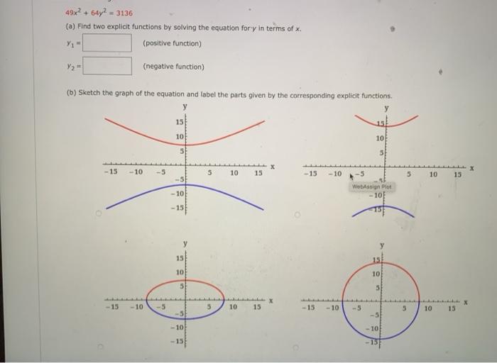 Solved 49x2 + 64y2 - 3136 (a) Find two explicit functions by | Chegg.com
