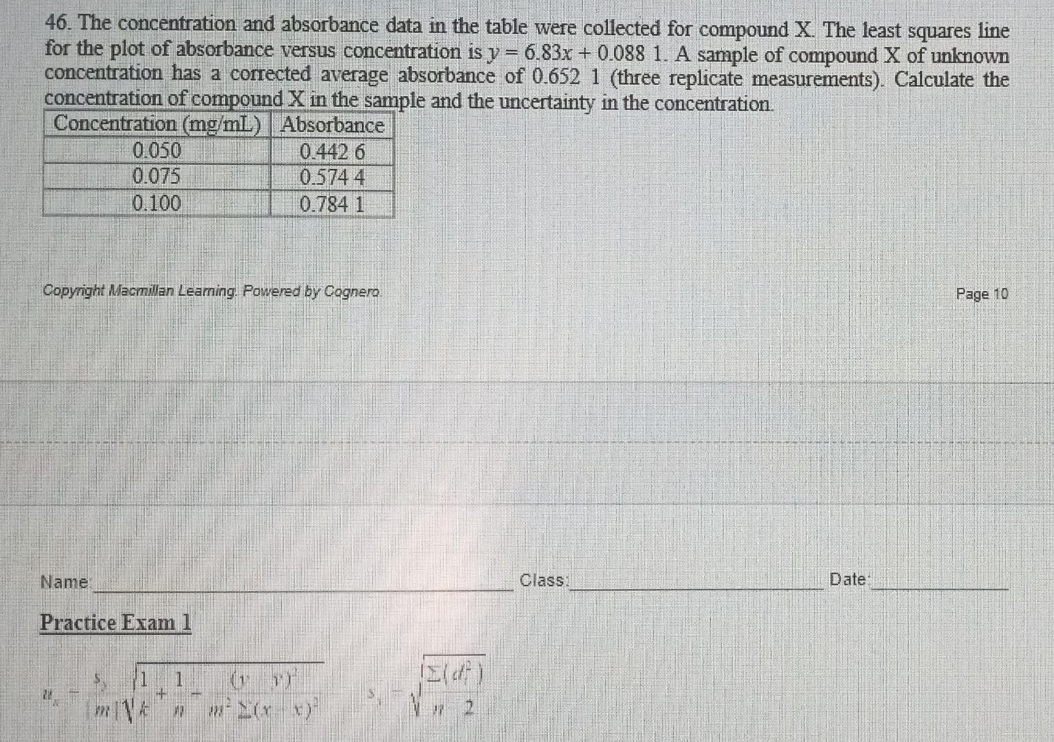 Solved 46. The concentration and absorbance data in the | Chegg.com