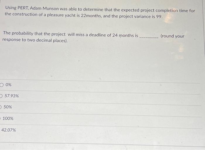Solved Using PERT, Adam Munson was able to determine that | Chegg.com