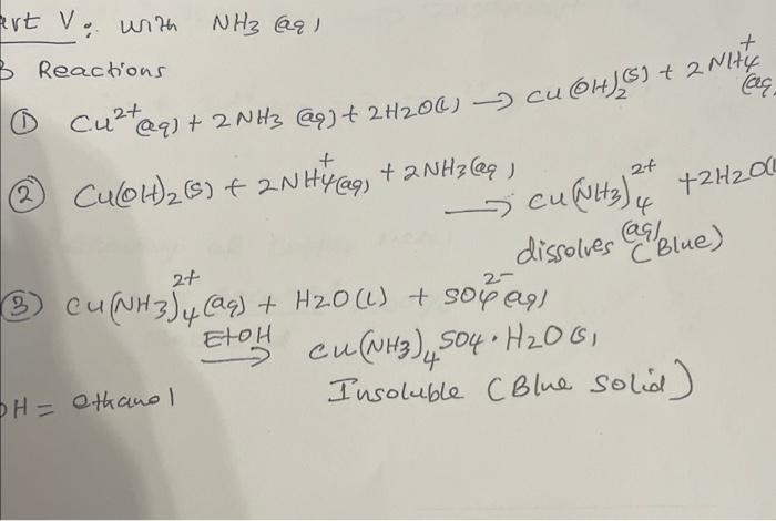 Solved (1) Cu2+(aq)+2NH3(a9)+2H2O( a )→Cu(0l)2(5)+2NH4+ (2) | Chegg.com