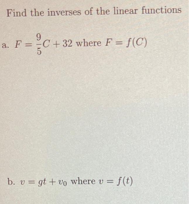 Solved Find the inverses of the linear functions F=59C+32 | Chegg.com
