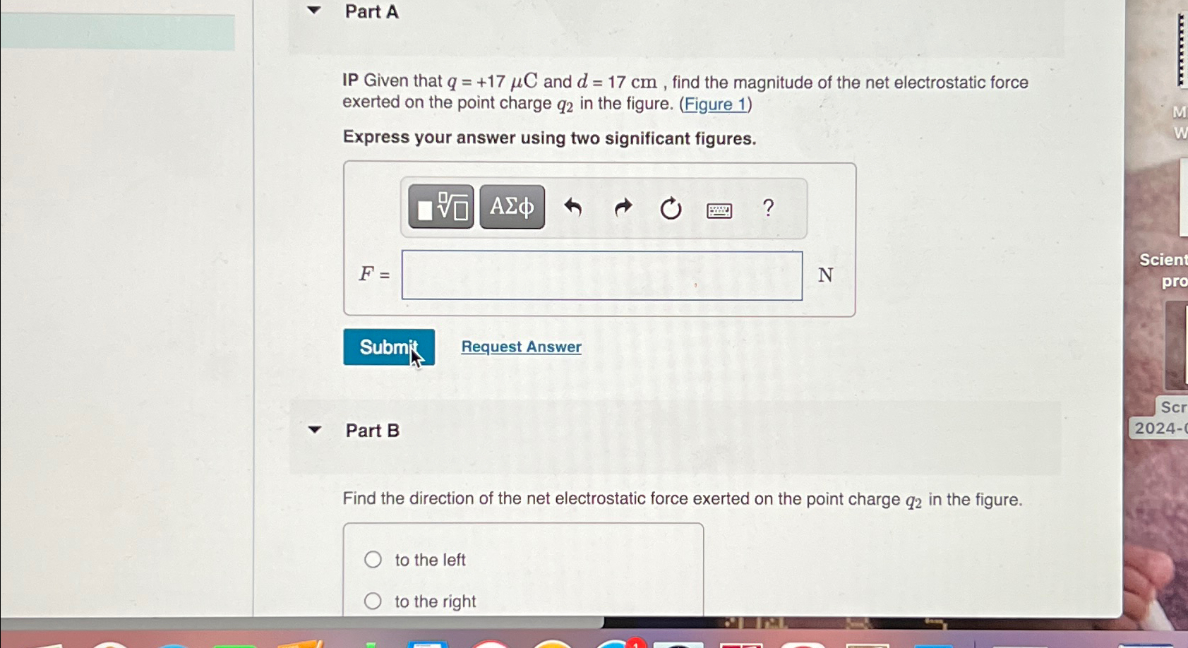 Solved Part A\\nIP Given that q=+17\\\\mu C and d=17cm, find | Chegg.com