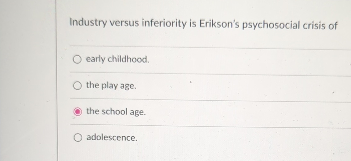 Industry versus inferiority is Erikson's psychosocial | Chegg.com