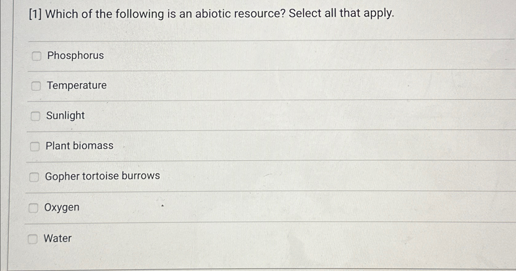 Solved [1] ﻿Which of the following is an abiotic resource? | Chegg.com