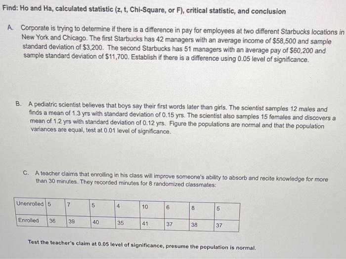 Solved Find: Ho and Ha, calculated statistic (z,t, | Chegg.com