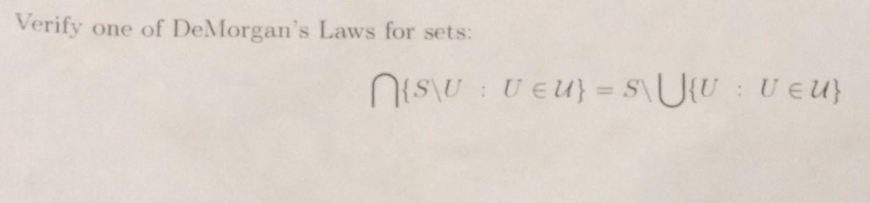 Solved Verify one of DeMorgan's Laws for sets: | Chegg.com
