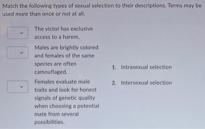 Solved Match the following types of sexual selection to | Chegg.com