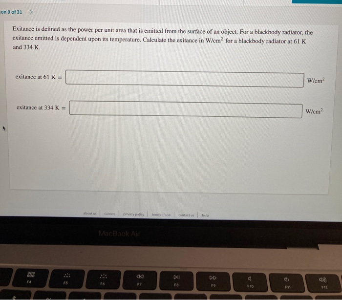 Solved ion 9 of 31 > Exitance is defined as the power per | Chegg.com