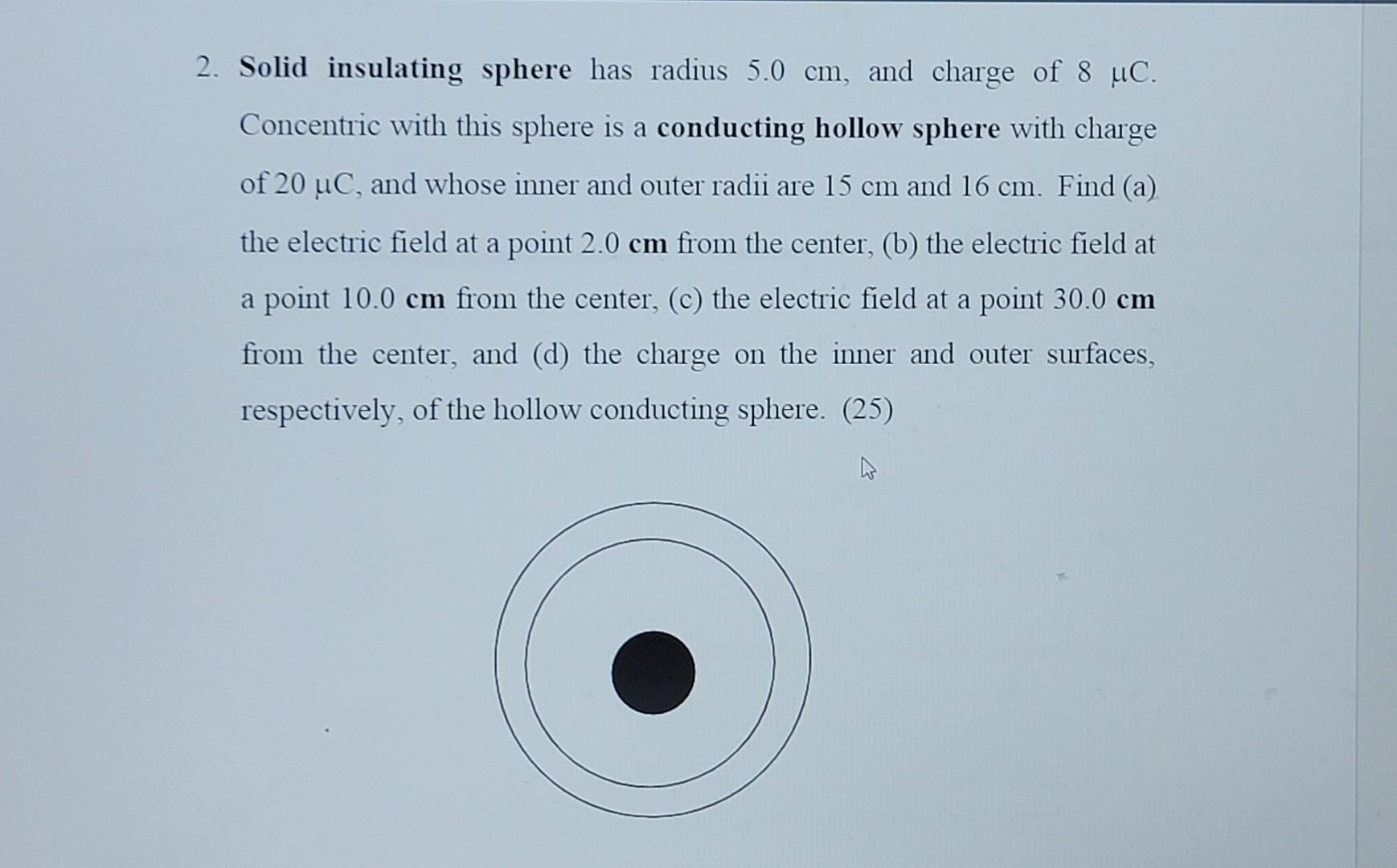 Solved 2. Solid insulating sphere has radius 5.0 cm, and | Chegg.com