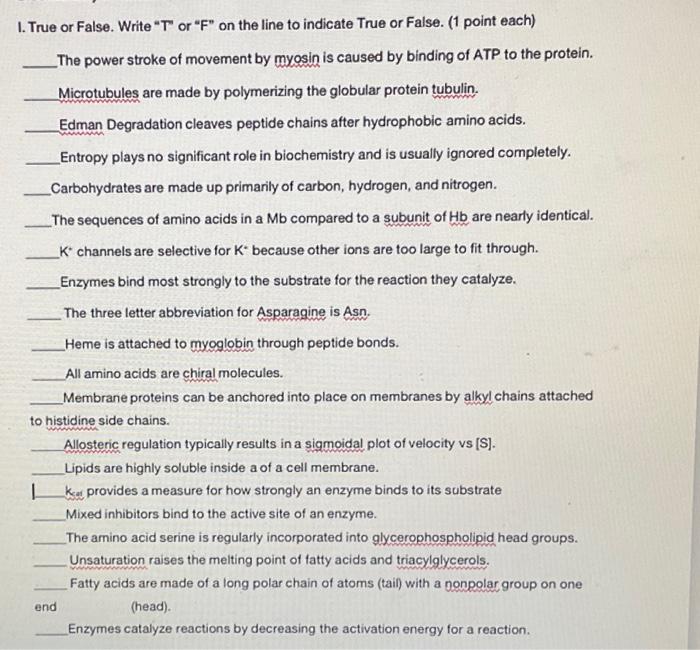 Solved 1. True or False. Write " T " or "F" on the line to | Chegg.com