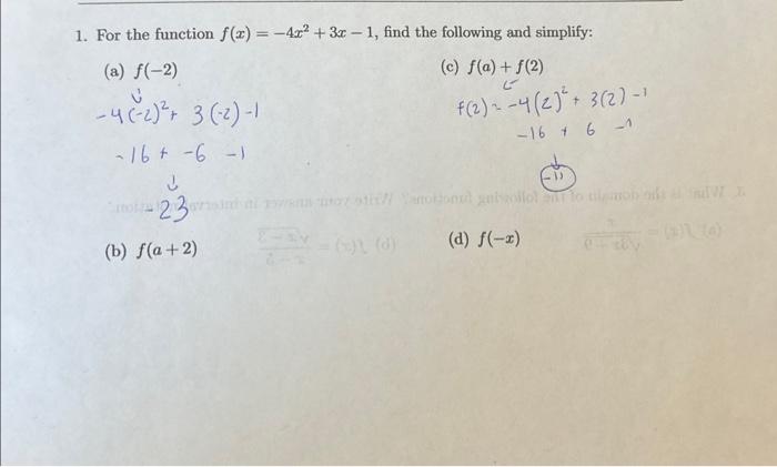 Solved 1. For the function f(x)=−4x2+3x−1, find the | Chegg.com