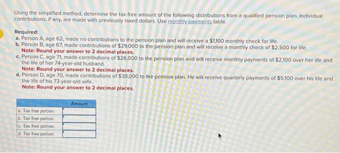 Solved Using the simplified method, determine the tax-free | Chegg.com