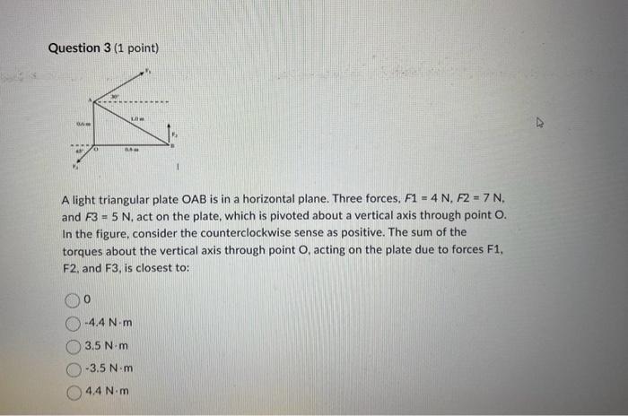 Solved Question 3 (1 point) A light triangular plate OAB is | Chegg.com