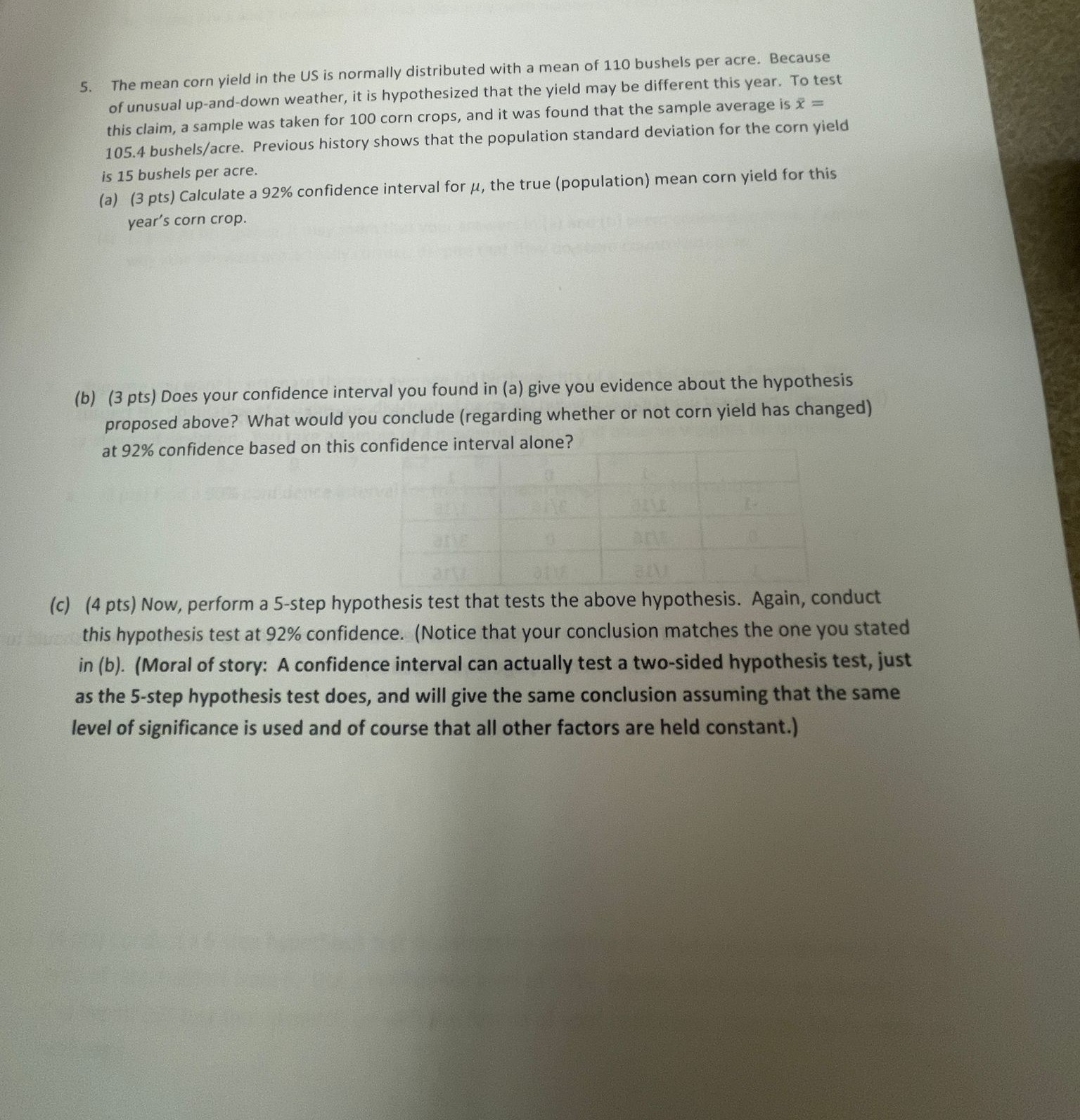 Solved The mean corn yield in the US is normally distributed | Chegg.com