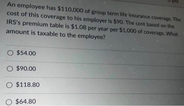Solved An employee has $110,000 of group term life insurance | Chegg.com