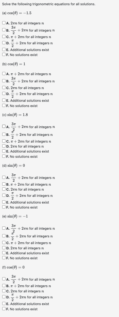 Solved Solve the following trigonometric equations for all | Chegg.com