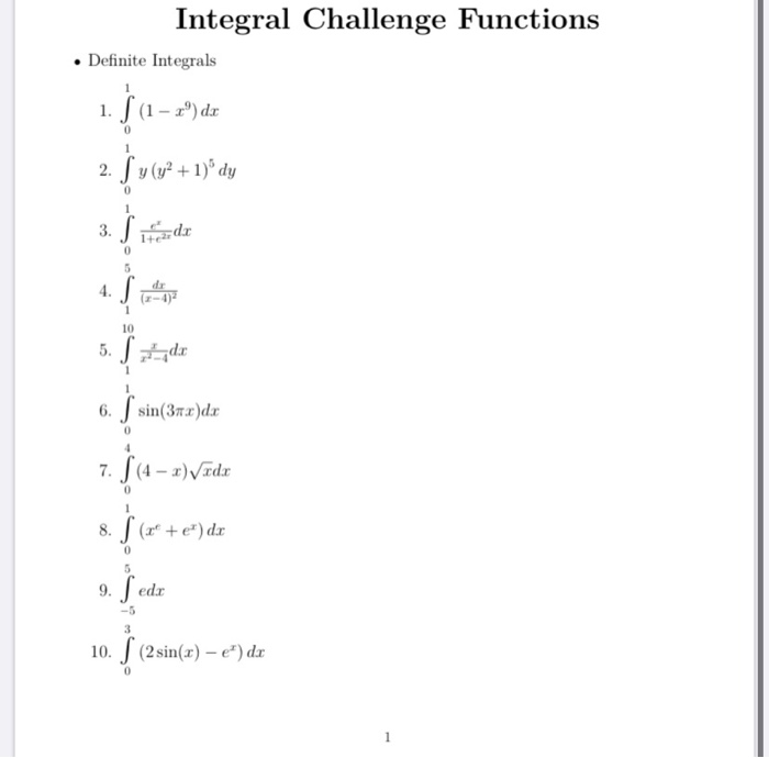 Solved Integral Challenge Functions • Definite Integrals 1. | Chegg.com