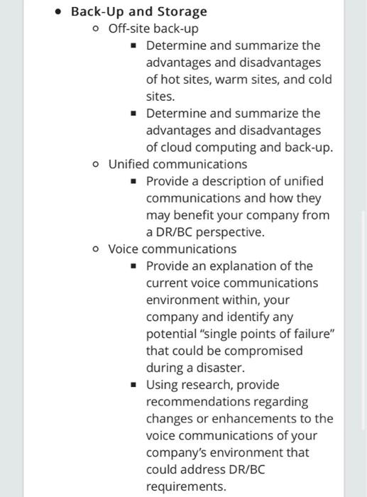 Solved • Back-Up and Storage o Off-site back-up Determine | Chegg.com