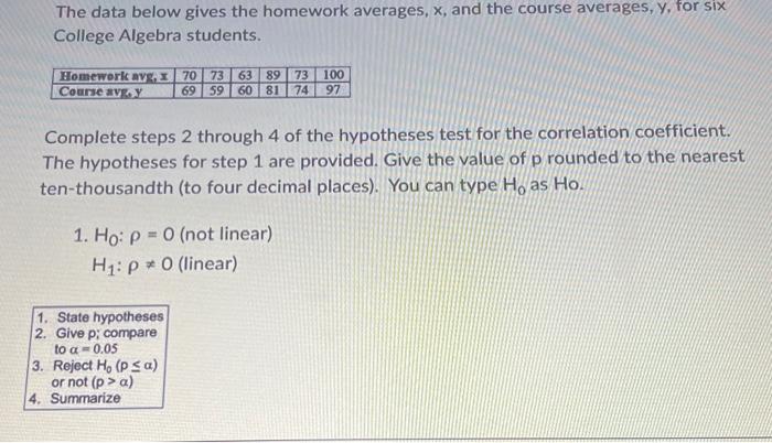Solved The data below gives the homework averages, x, and | Chegg.com