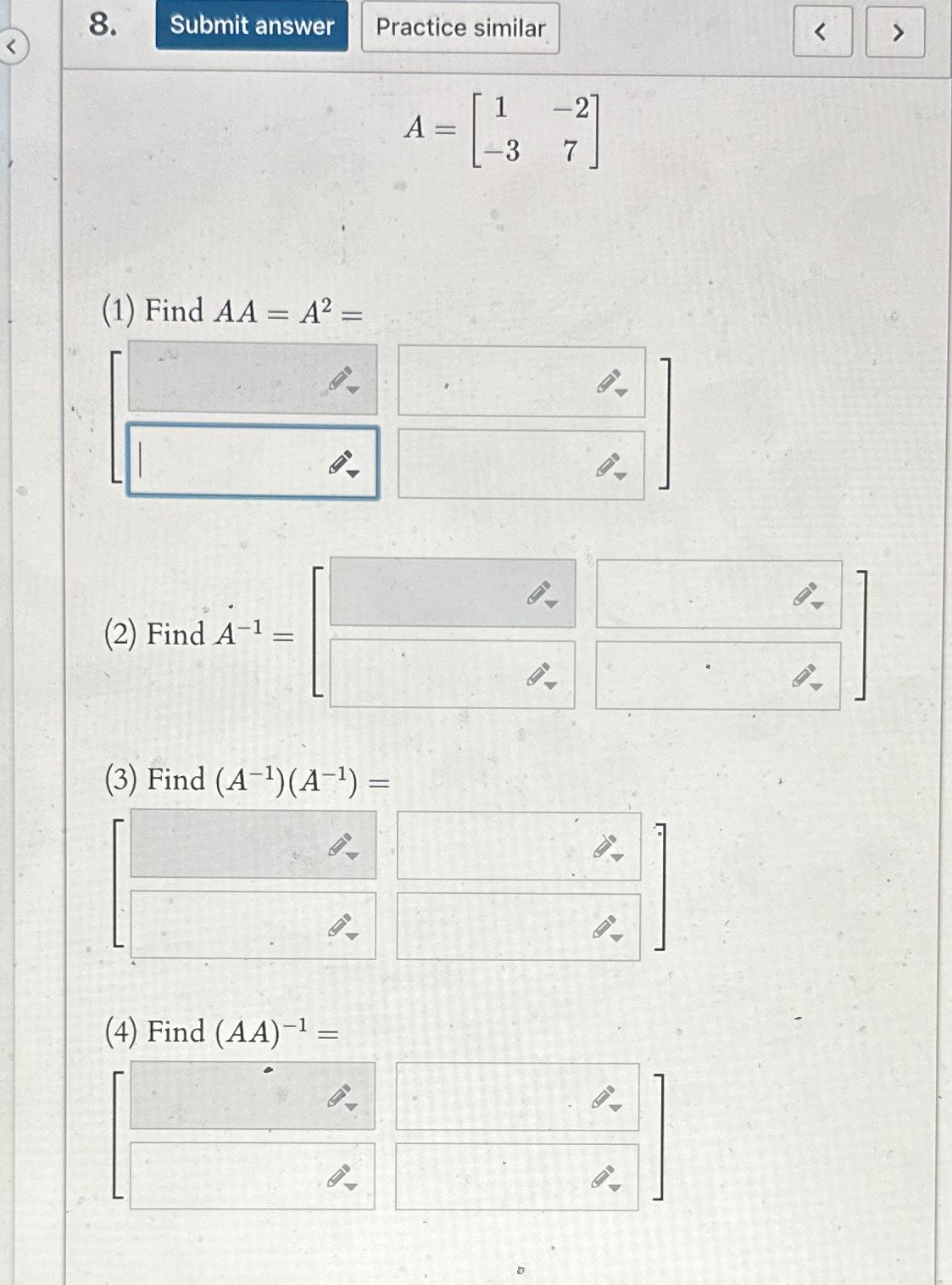 Solved A=[1-2-37](1) ﻿Find AA=A2=(2) ﻿Find [:A-1= }(3) ﻿Find | Chegg.com