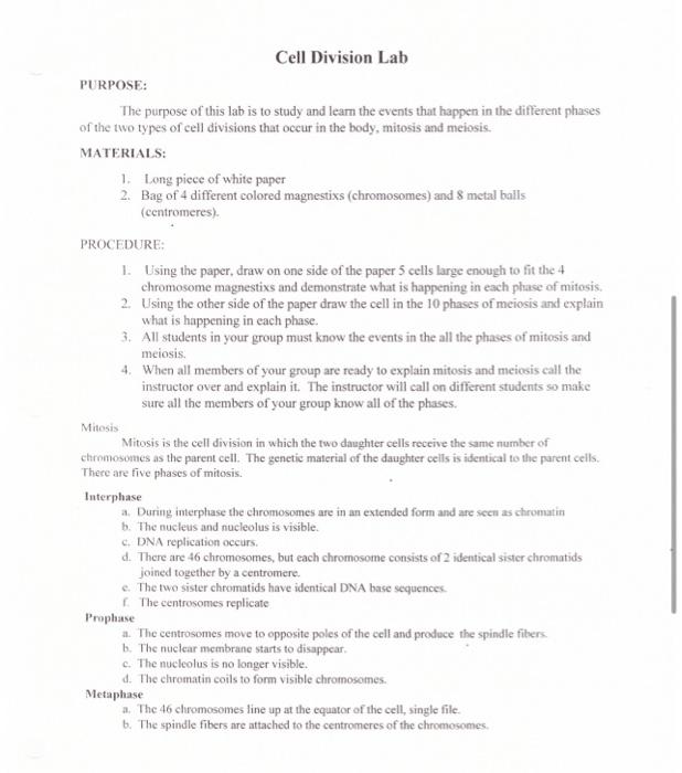 Solved Cell Division Lab PURPOSE: The purpose of this lab is | Chegg.com