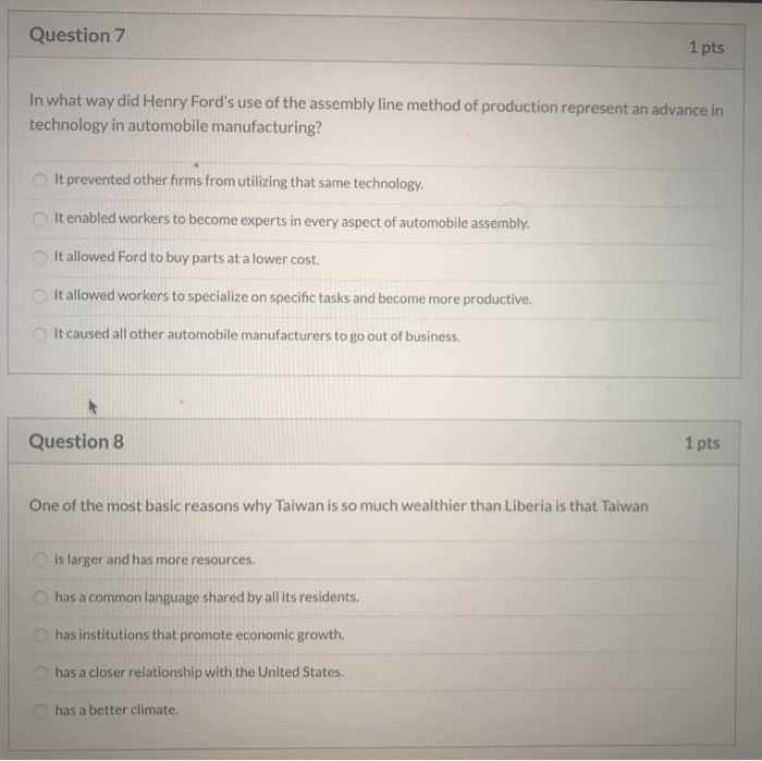 Solved Question 7 1 pts In what way did Henry Ford's use of | Chegg.com
