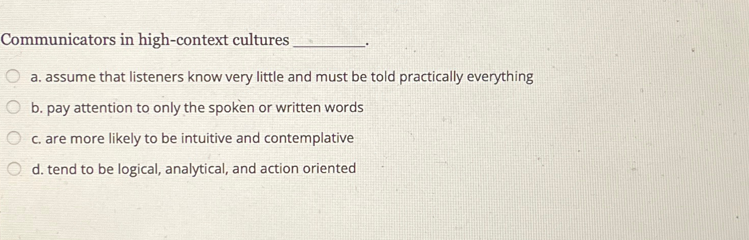 Solved Communicators in high-context culturesa, ﻿assume that | Chegg.com