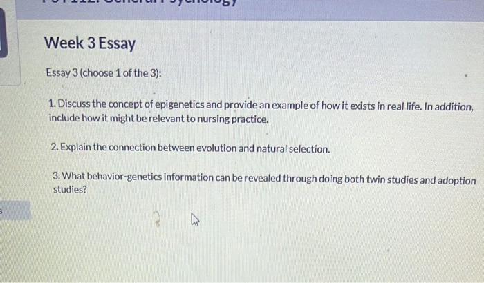 Solved Week 3 Essay Essay 3 (choose 1 of the 3 ): 1. Discuss | Chegg.com