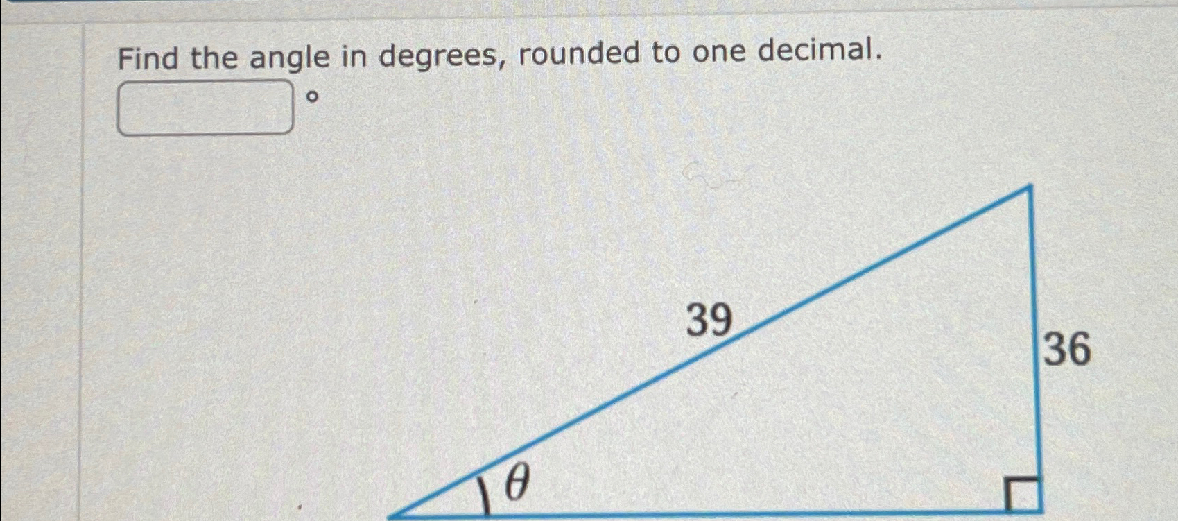 Solved Find the angle in degrees, rounded to one decimal. | Chegg.com