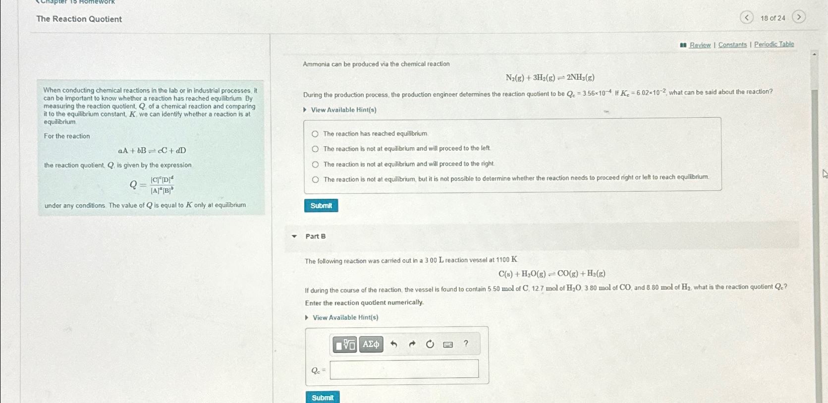 Solved The Reaction Quotient18 ﻿of 24Review I Constants I | Chegg.com