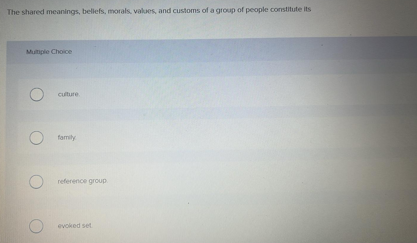 Solved The shared meanings, beliefs, morals, values, and | Chegg.com