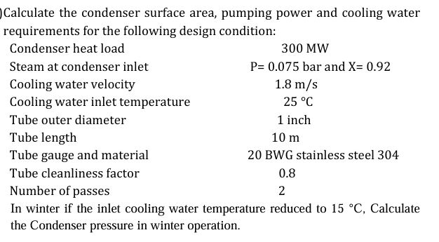 Solved Calculate the condenser surface area, pumping power | Chegg.com