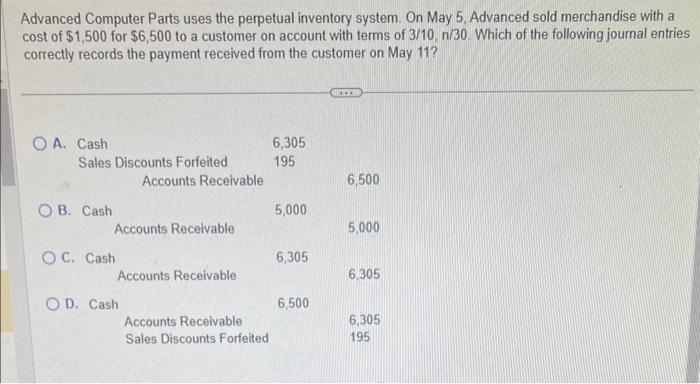 Solved Advanced Computer Parts uses the perpetual inventory | Chegg.com
