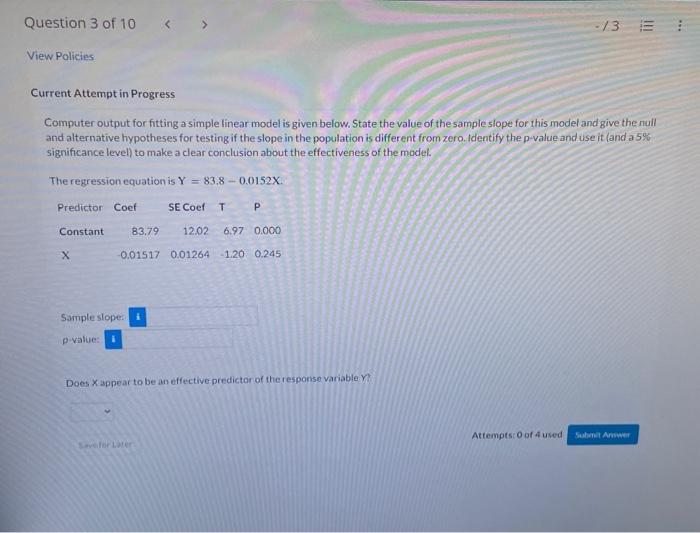 Solved Computer Output For Fitting A Simple Linear Model Is