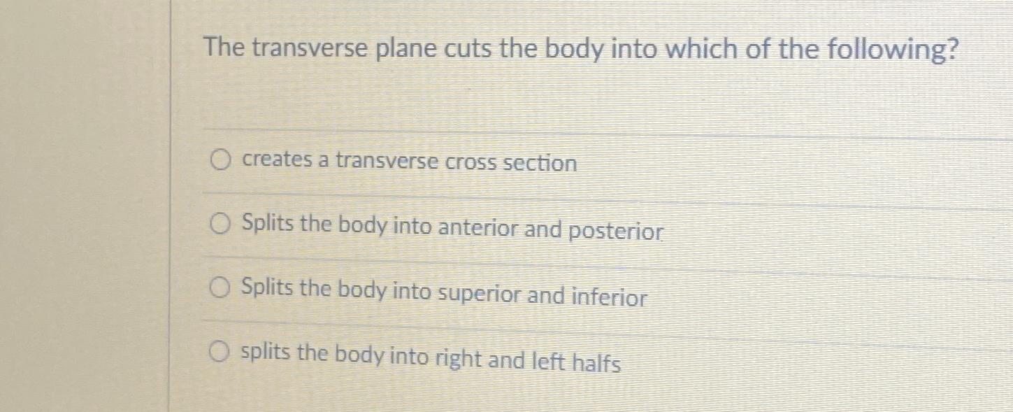 Solved The transverse plane cuts the body into which of the | Chegg.com