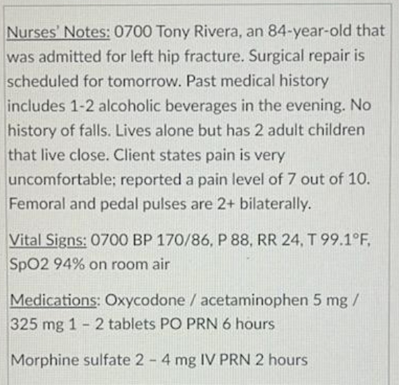 Solved Nurses' Notes: 0700 ﻿Tony Rivera, an 84-year-old that | Chegg.com