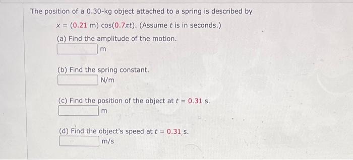 Solved Position Of A 0 30−kg Object Attached To A Spring Is