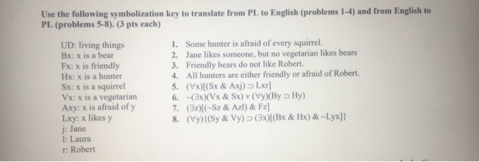 Use the following symbolization key to translate from | Chegg.com