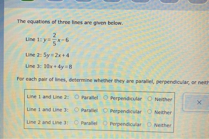 Solved The equations of three lines are given below. Line | Chegg.com