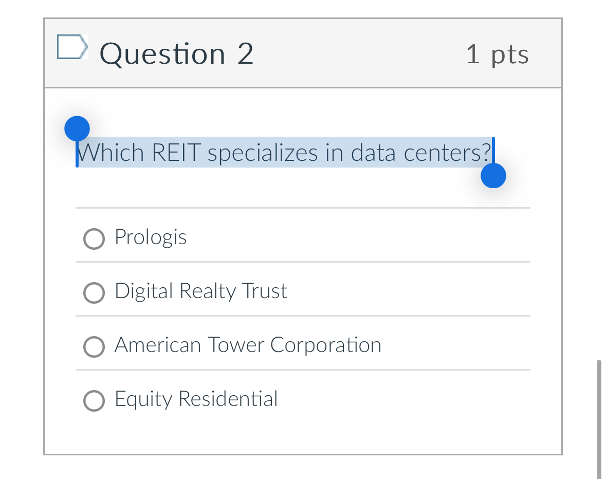 Solved Question 21 ptsWhich REIT specializes in data | Chegg.com Solved Question 21 ptsWhich REIT specializes in data | Chegg.com